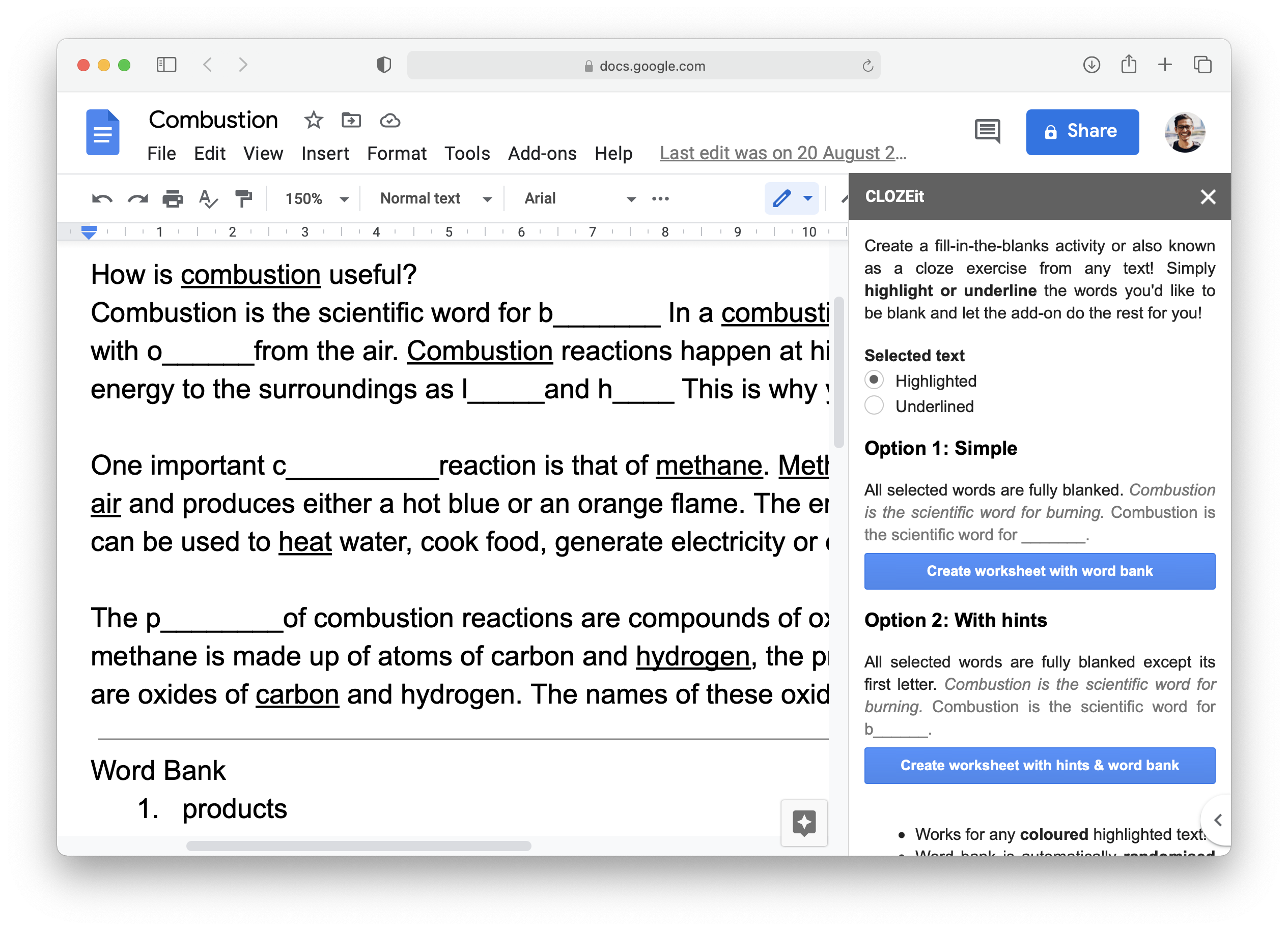 CLOZEit - A Google Docs add-on to create a fill-in-the-blanks worksheet or CLOZE exercise
